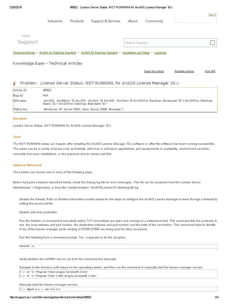 License Server Status - NOT RUNNING For ArcGIS License Manager 10 | PDF | Arc Gis | Esri