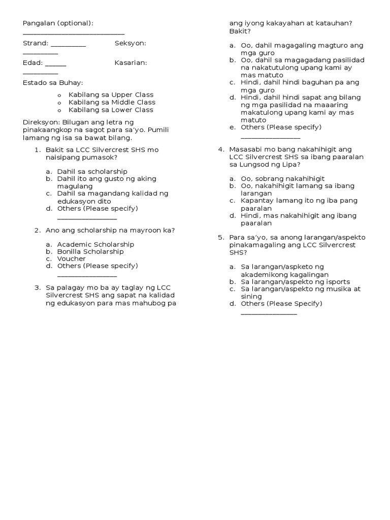 Sarbey - Kwestyoneyr (Survey - Questionnaire) | PDF