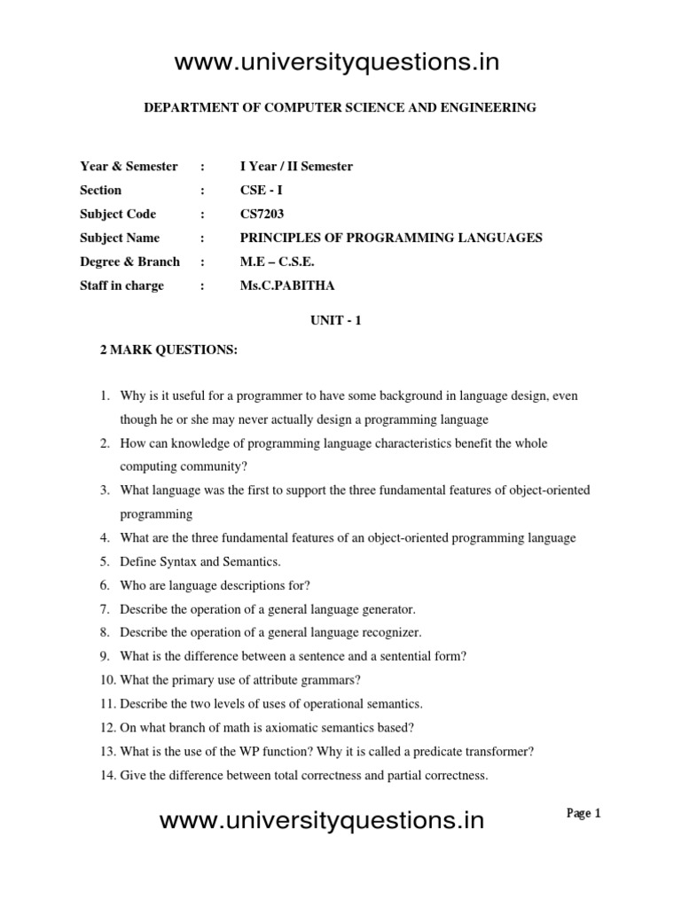 Principles Of Programming Languages Unit Questions A Comprehensive Collection Of Questions From