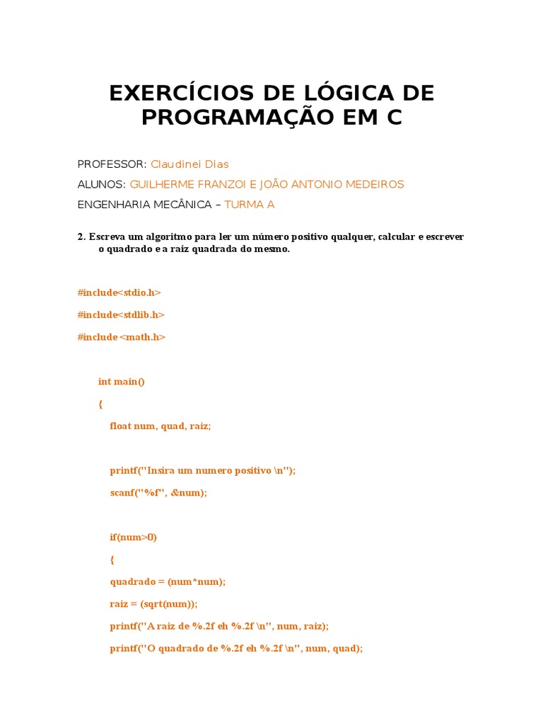 Exercícios de Lógica de Programação em C | PDF | Triângulo | Matemática ...