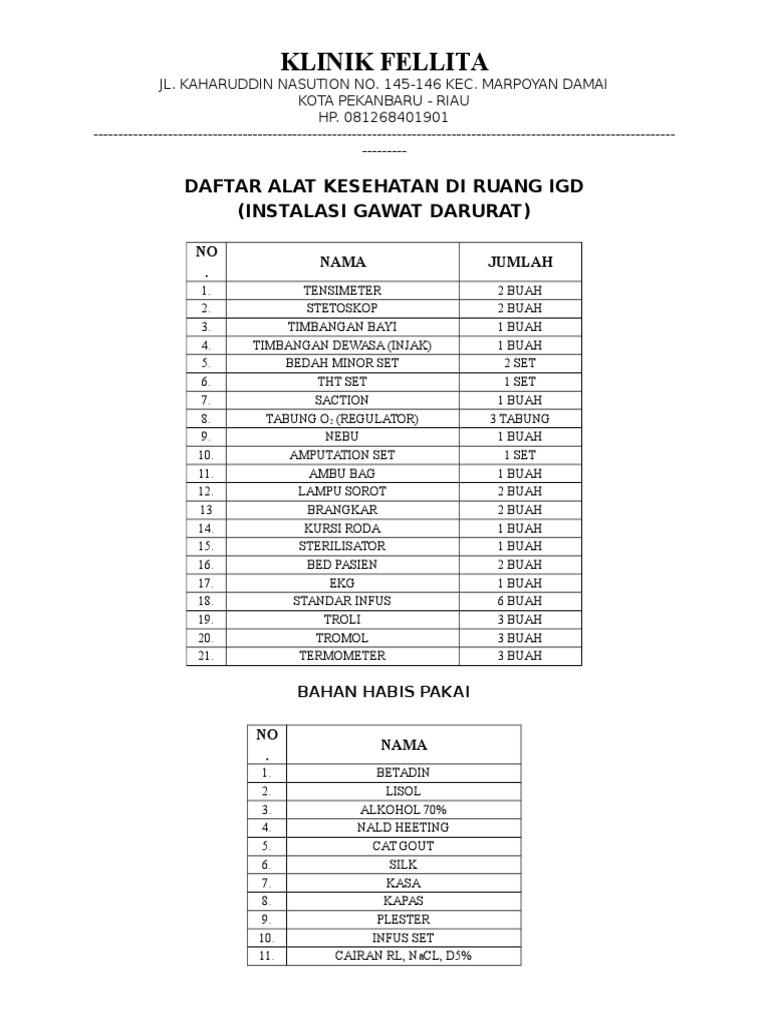 Daftar Alat Kesehatan Di Ruang Igd | PDF