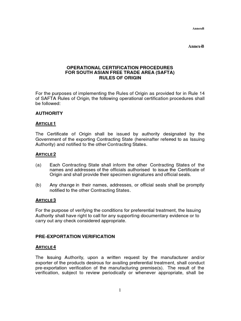 Operational Certification Procedures for SAFTA Rules of Origin ...