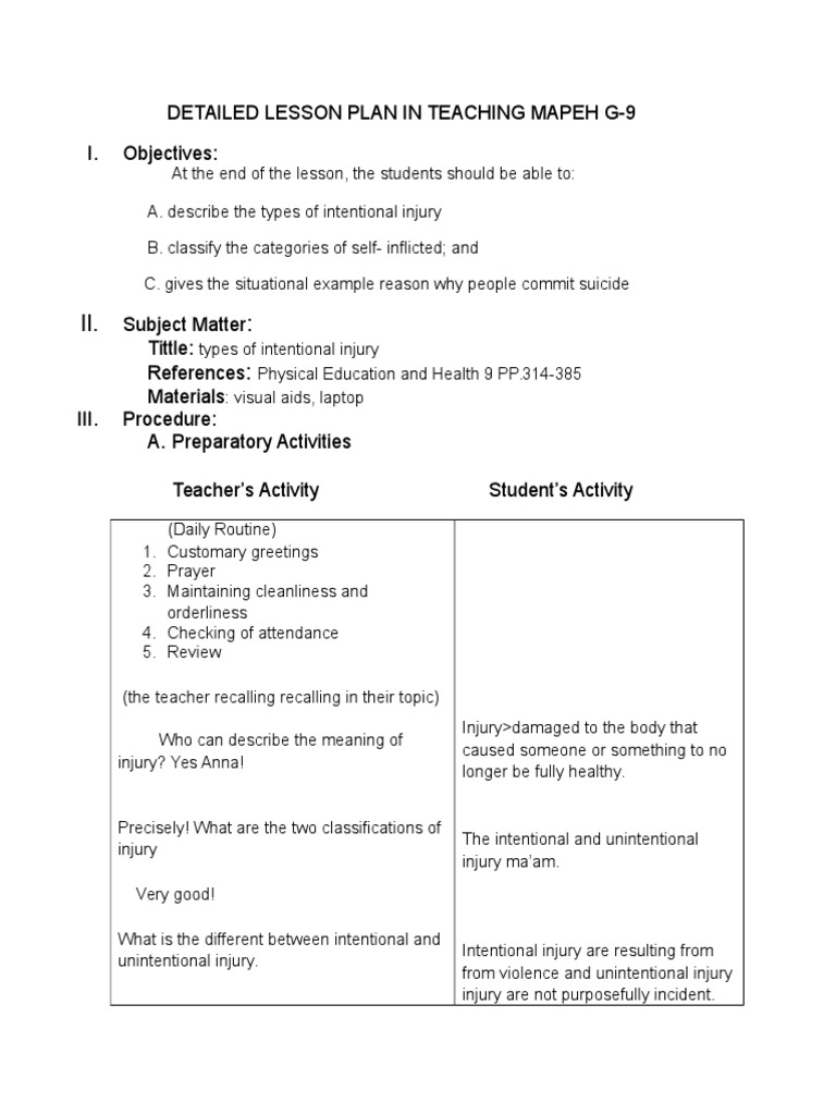 Lesson in Mapeh 9 | PDF | Lesson Plan | Self Harm