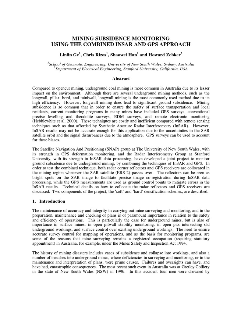 Mining Subsidence Monitoring Using The Combined Insar and Gps Approach ...
