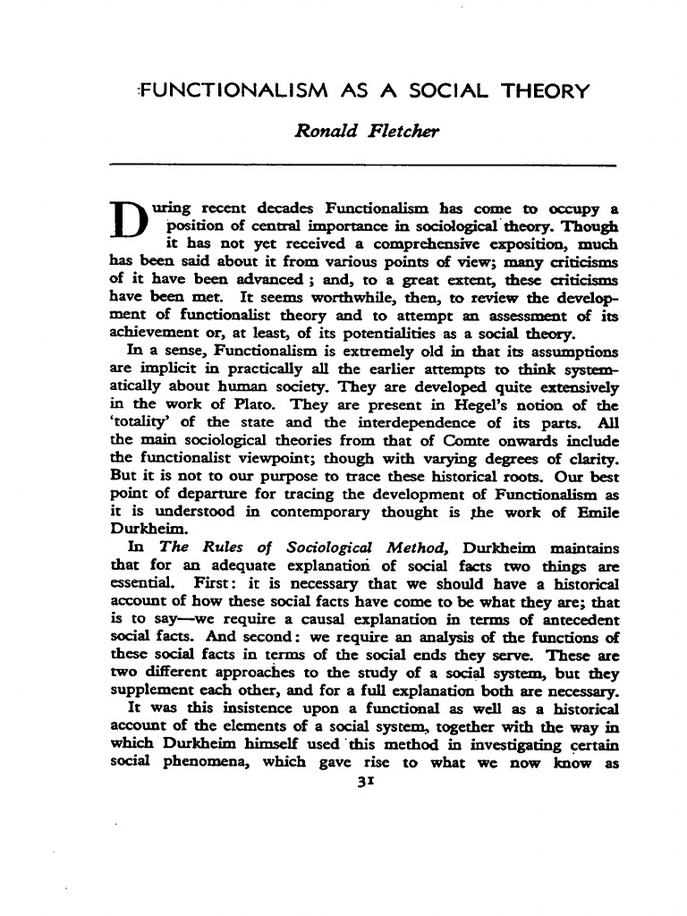 7 - FLETCHER Ronald - Functionalism As A Social Theory | PDF | Social ...
