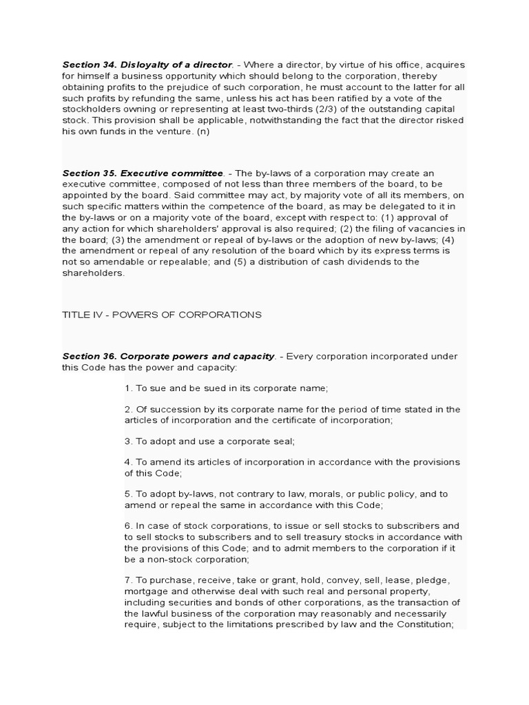 Section 34 to 43 Corporation code | Corporations | Stocks