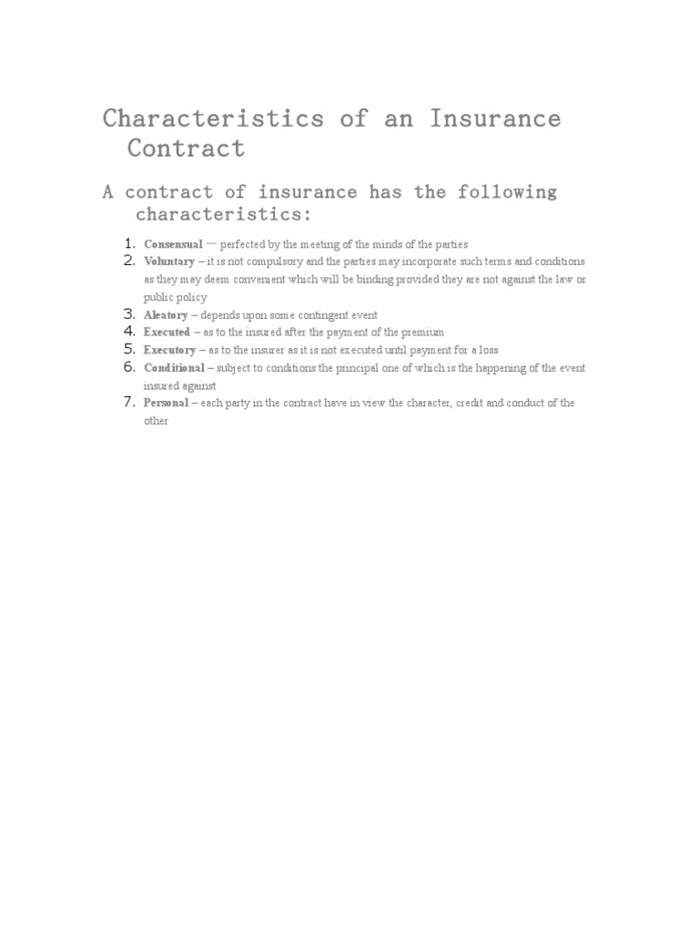 Characteristics of An Insurance Contract | PDF
