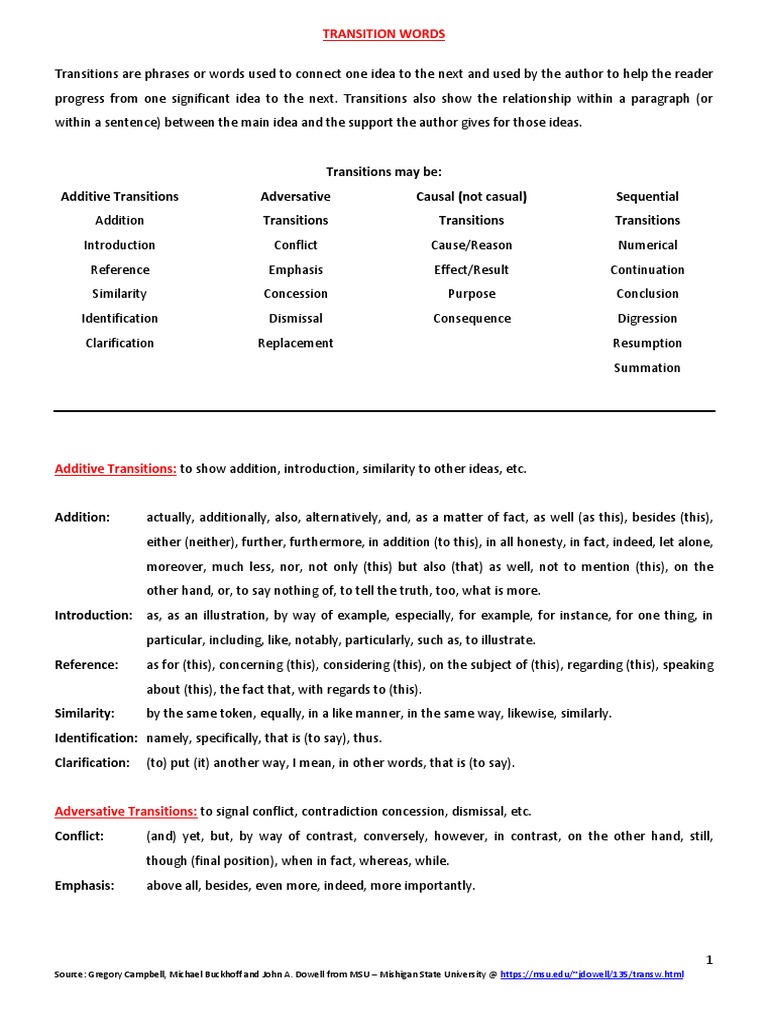 Transition Words | PDF | Causality | Truth