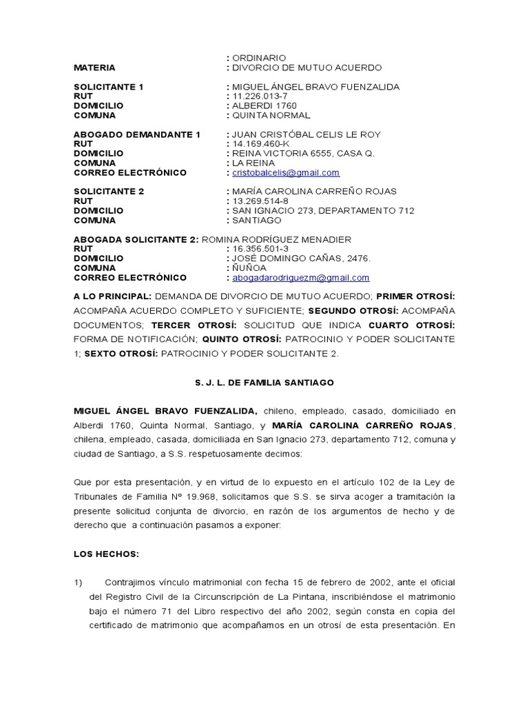 Demanda Divorcio Mutuo Acuerdo Pdf Matrimonio Divorcio