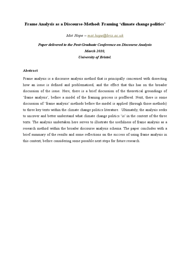 Frame Analysis in Climate Change Discourse | PDF | Framing (Social ...