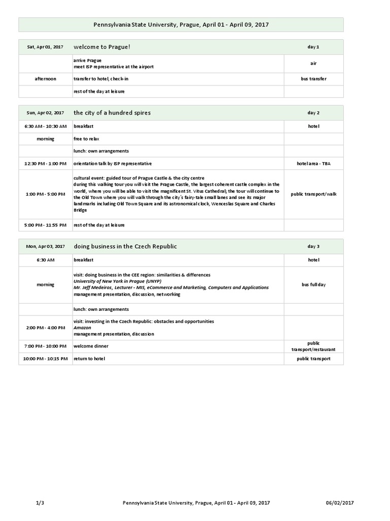 Tentative Itinerary - 6 Feb 2017 | PDF | Prague | Business