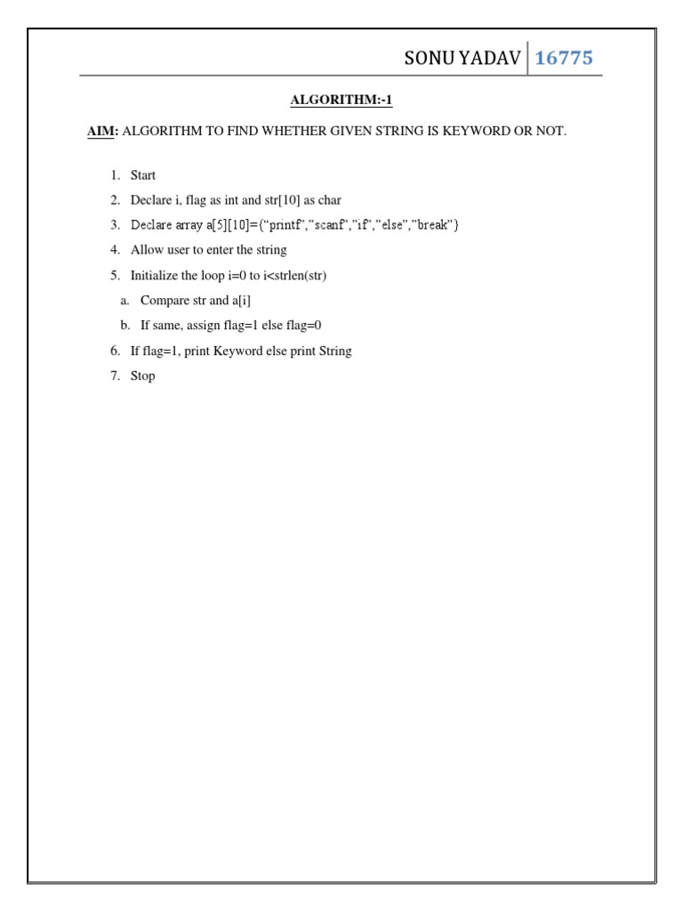 Sonu Yadav Algorithm 1 Aim Algorithm To Find Whether Given String Is Keyword Or Not Pdf 