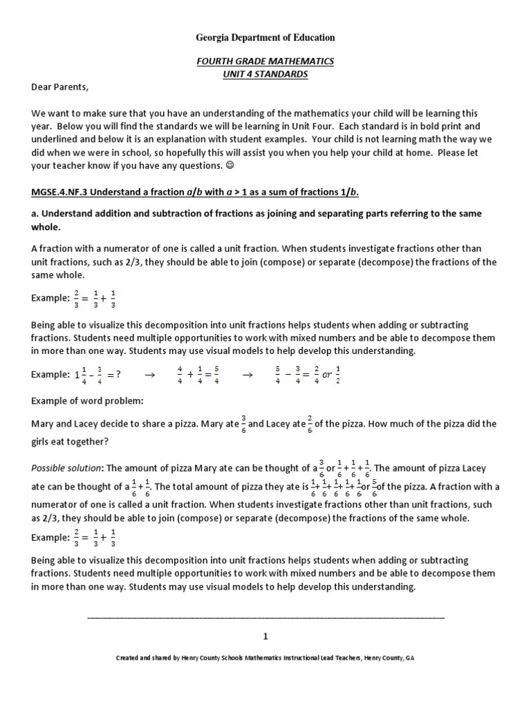 Unit 4 4th Grade Parent Letter | PDF | Fraction (Mathematics ...