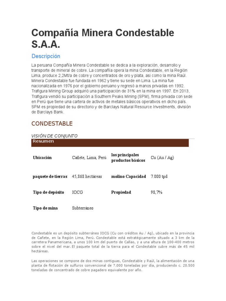 Compañía Minera Condestable S | PDF | Minería | Cobre