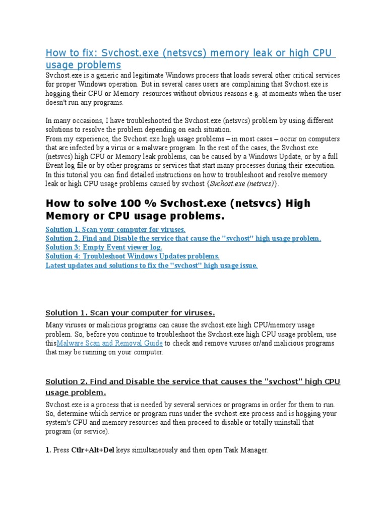 How To Fix Svchost - Exe (Netsvcs) Memory Leak or High CPU Usage Problems | PDF | Computer Virus ...