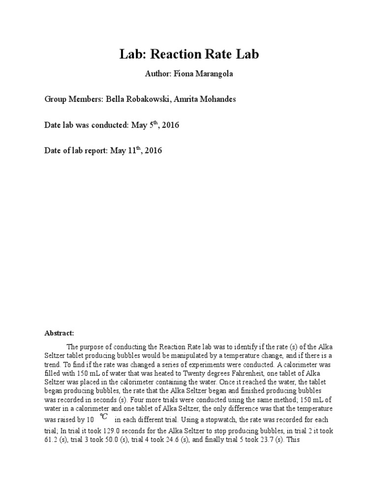 Lab: Reaction Rate Lab | PDF
