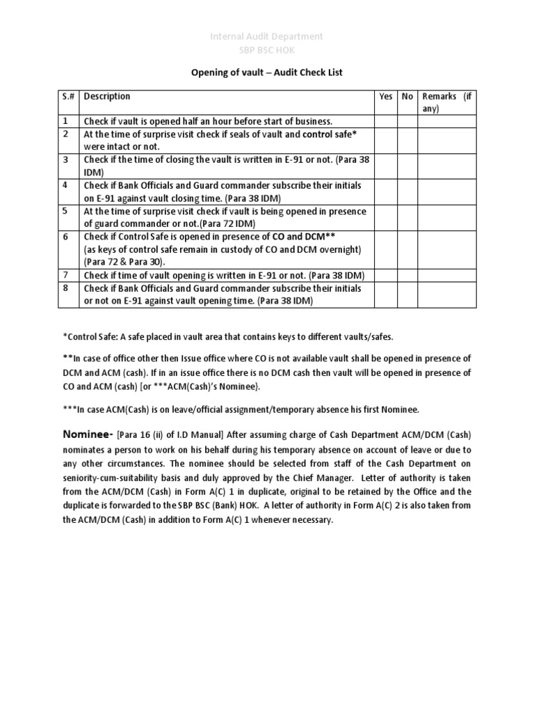 Opening of Vault - Audit Check List: Nominee | PDF