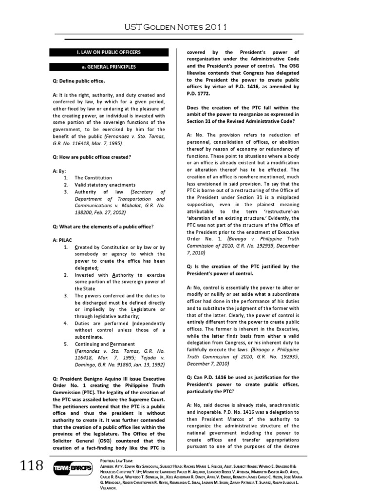 UST Golden Notes - Law On Public Officers | PDF | Government | Justice