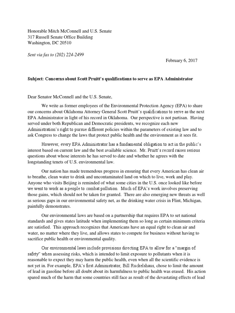 Letter to Senate From Former EPA Employees | United States ...