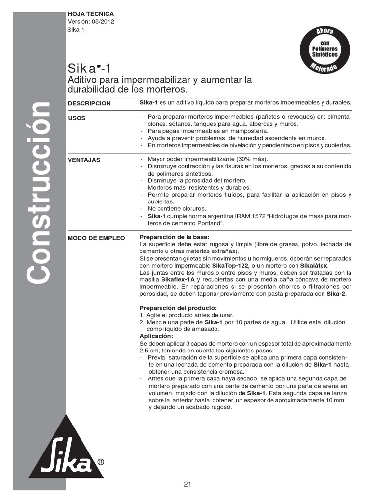 Sika 1 Ficha Tecnica PDF | PDF