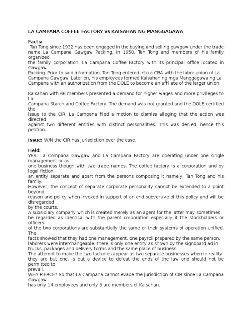 La Campana Coffee Factory V Kaisahan NG Manggagawa | PDF