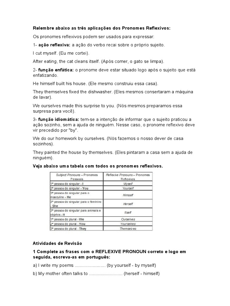 Pronomes Reflexivos | PDF | Sintaxe | Gramática