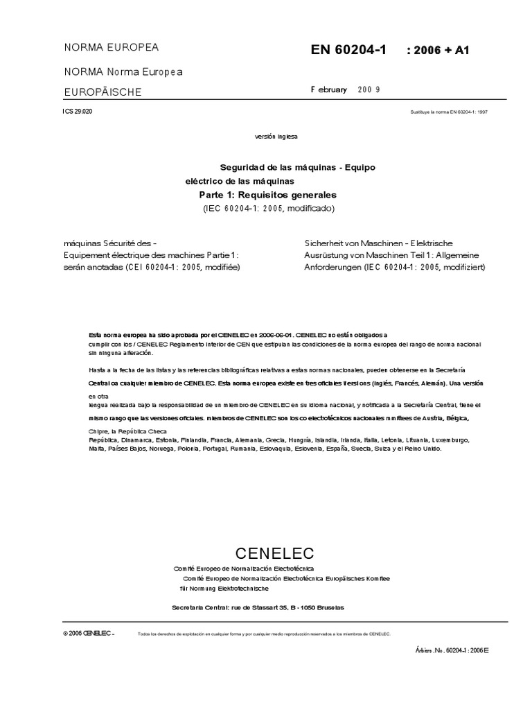 EN 60204-1+A1 2009 Electrical Equipment of Machines - En.es | PDF ...