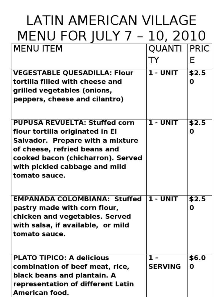 Latin American Village Menu July 2010 | PDF