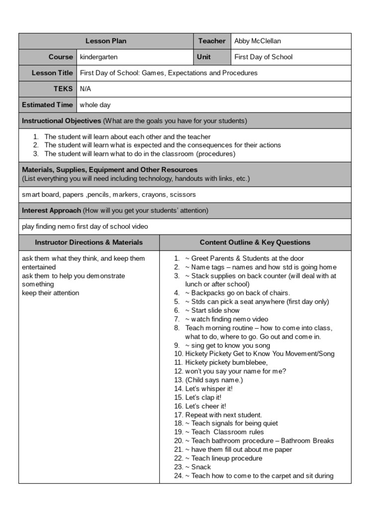 First Day of Kindergarten Lesson Plan | PDF | Lesson Plan | Teaching