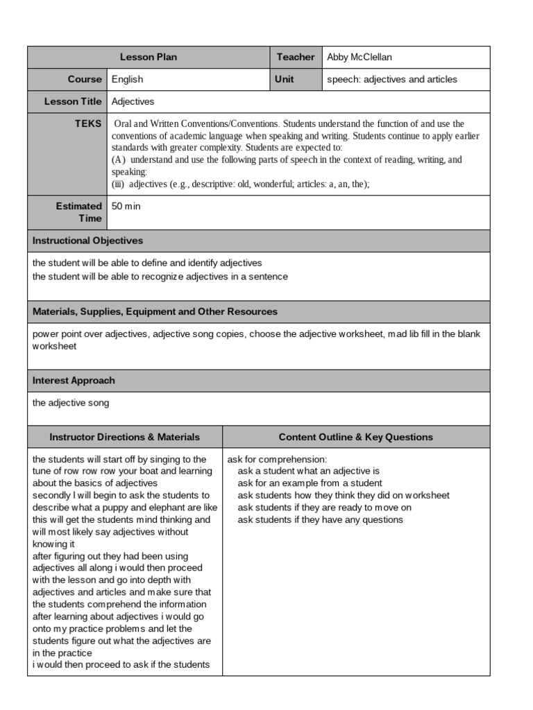 2nd Grade Adjectives Lesson Plan Template | PDF | Lesson Plan | Learning