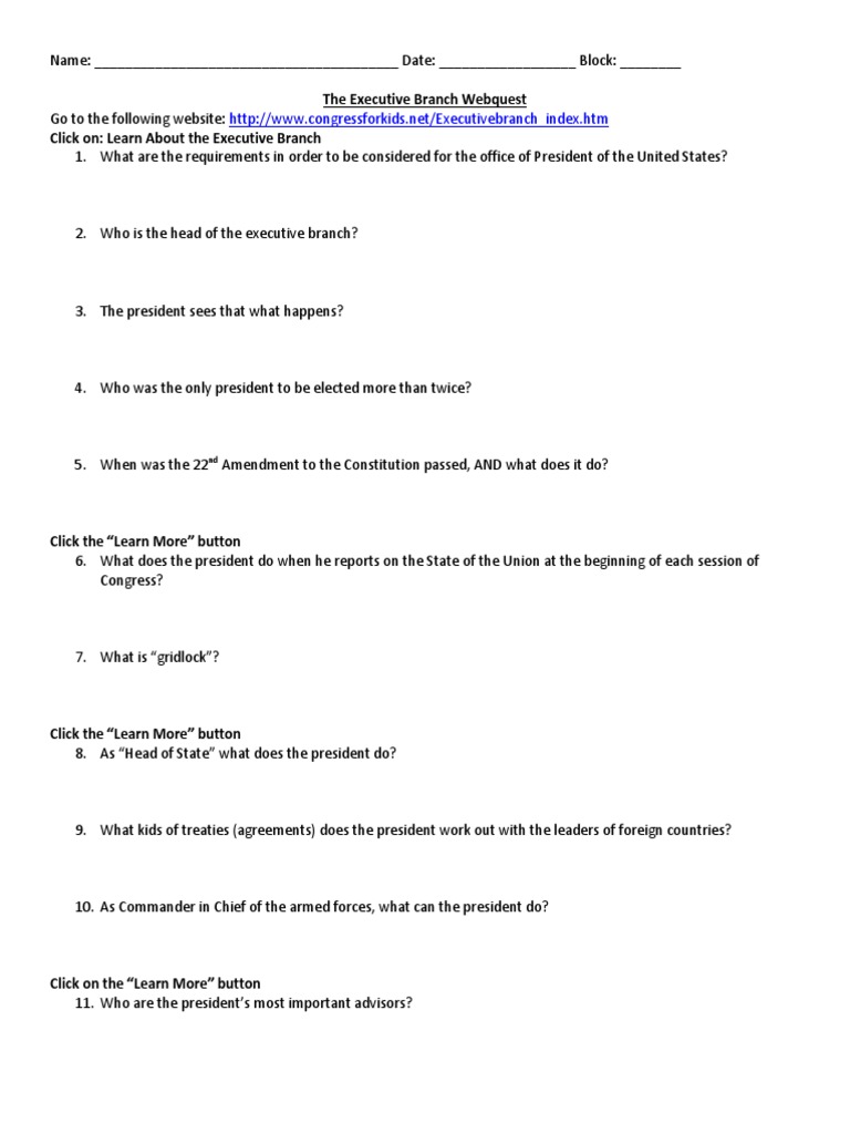 The Executive Branch Webquest | PDF