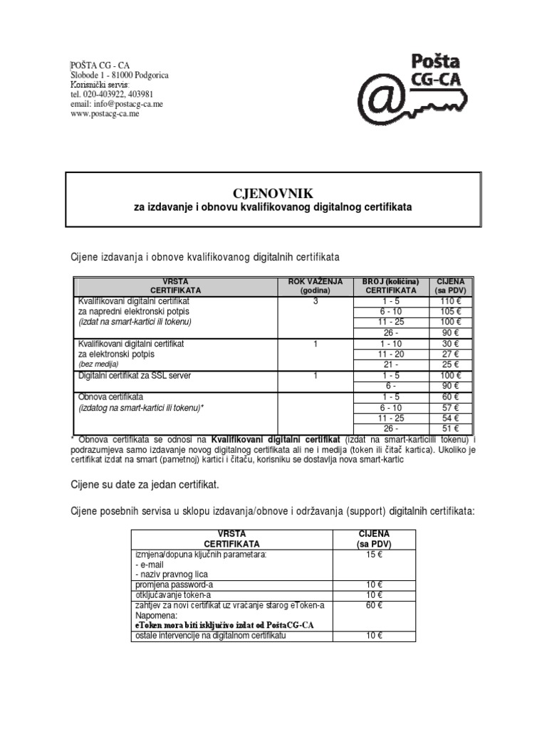 Cjenovnik - Za Sertifikat Za Elektronski Potpis PDF | PDF