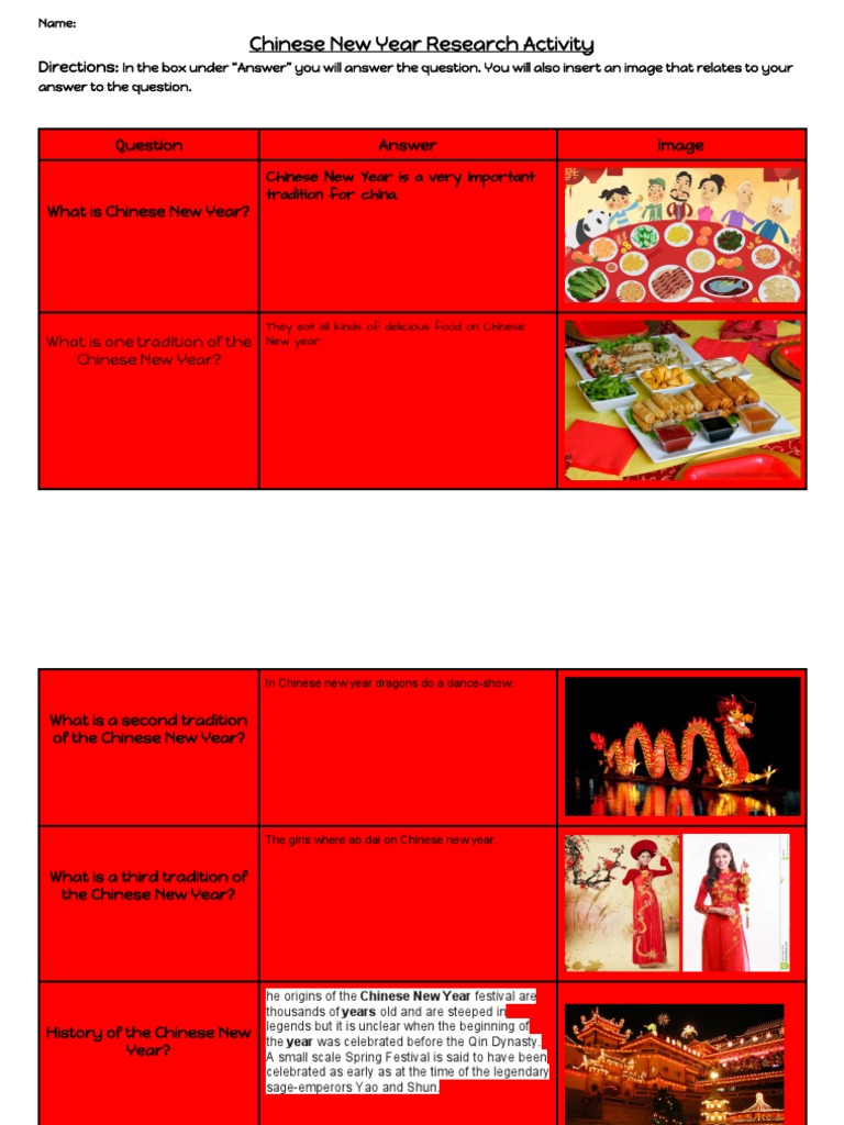 Chinese New Year Research Activity: Directions | PDF