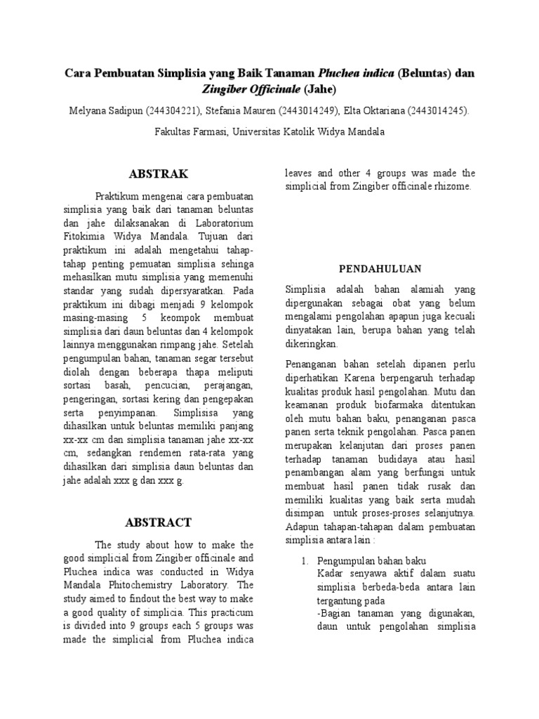 Cara Pembuatan Simplisia Yang Baik Tanaman Pluchea Indica | PDF