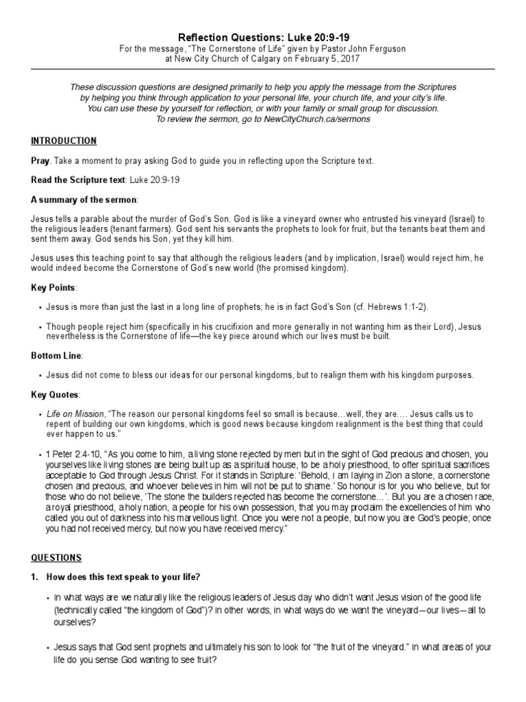 Reflection Questions: "The Cornerstone of Life" (Luke 20:9-19) | PDF ...