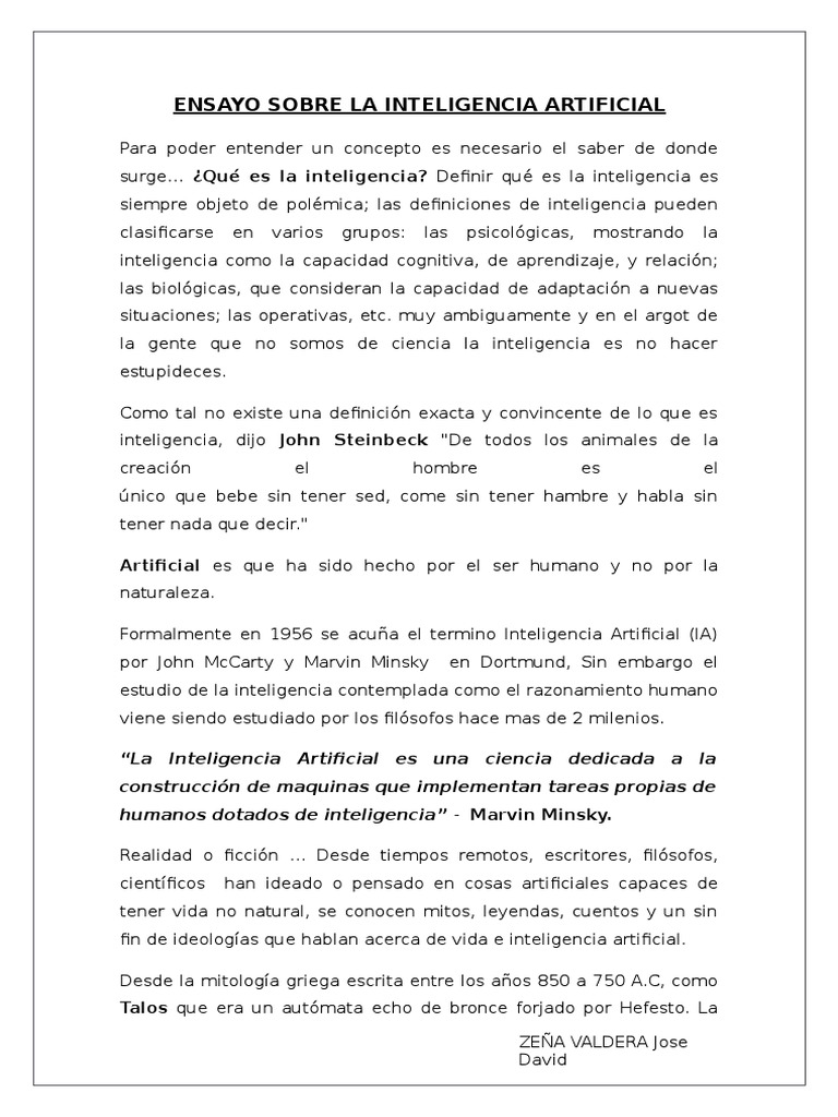 Ensayo sobre Inteligencia Artificial | PDF | Inteligencia artificial ...