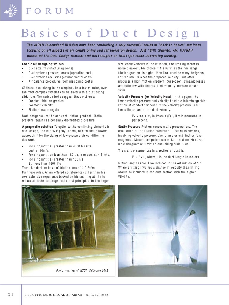 Basics of Duct Design: Optimizing Size, Pressure Losses, Acoustics, and ...
