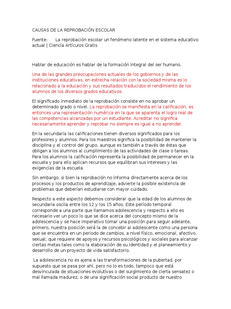Causas de La Reprobación Escolar | PDF | Adolescencia | Aprendizaje
