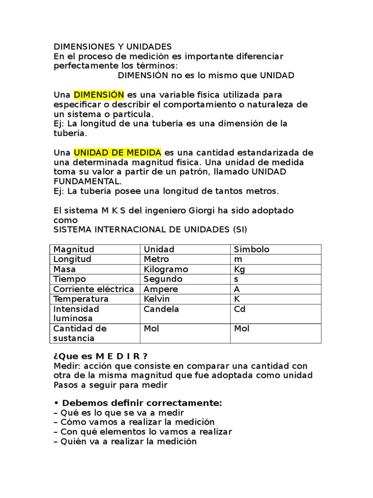 Dimensiones y Unidades | PDF | Unidades de medida | Medición