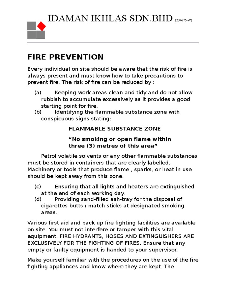 Idaman Ikhlas SDN - BHD: Fire Prevention | PDF | Flammability | Safety