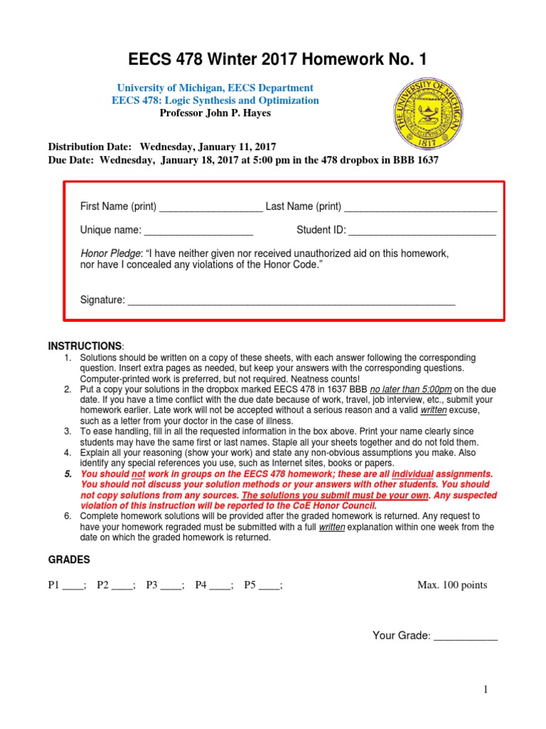 EECS 478 Winter 2017 Homework No. 1: University of Michigan, EECS Department EECS 478: Logic ...
