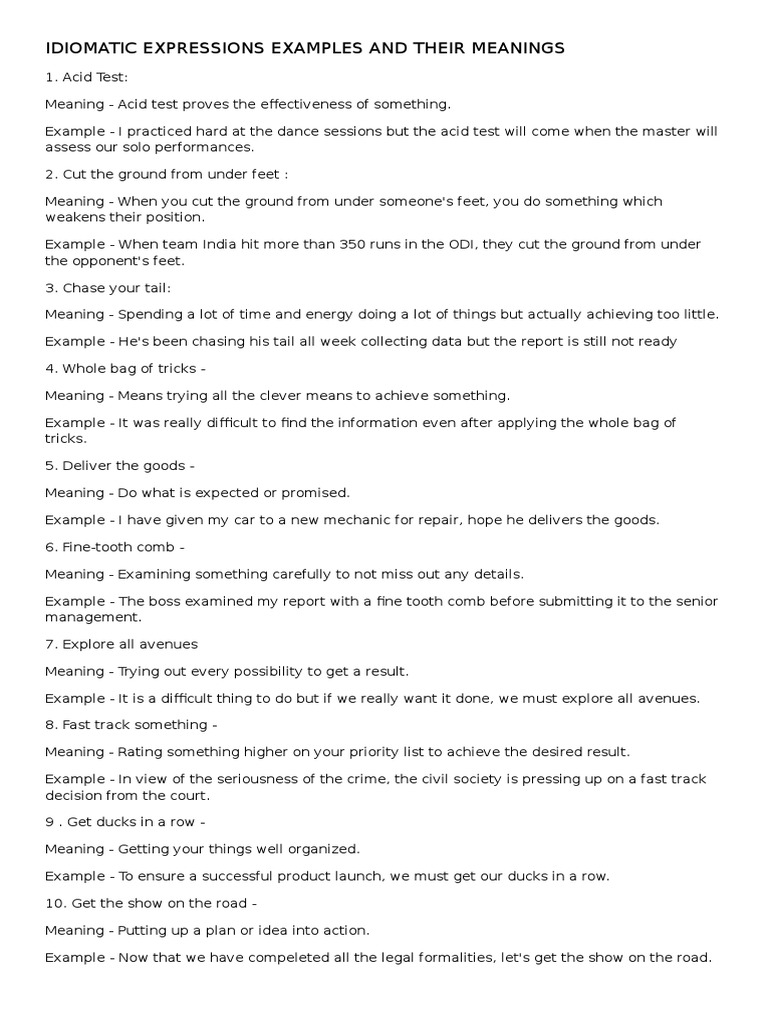 Idiomatic Expressions Examples and Their Meanings | PDF