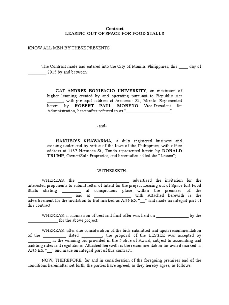 Contract Leasing Out of Space For Food Stalls | PDF | Lease | Common Law