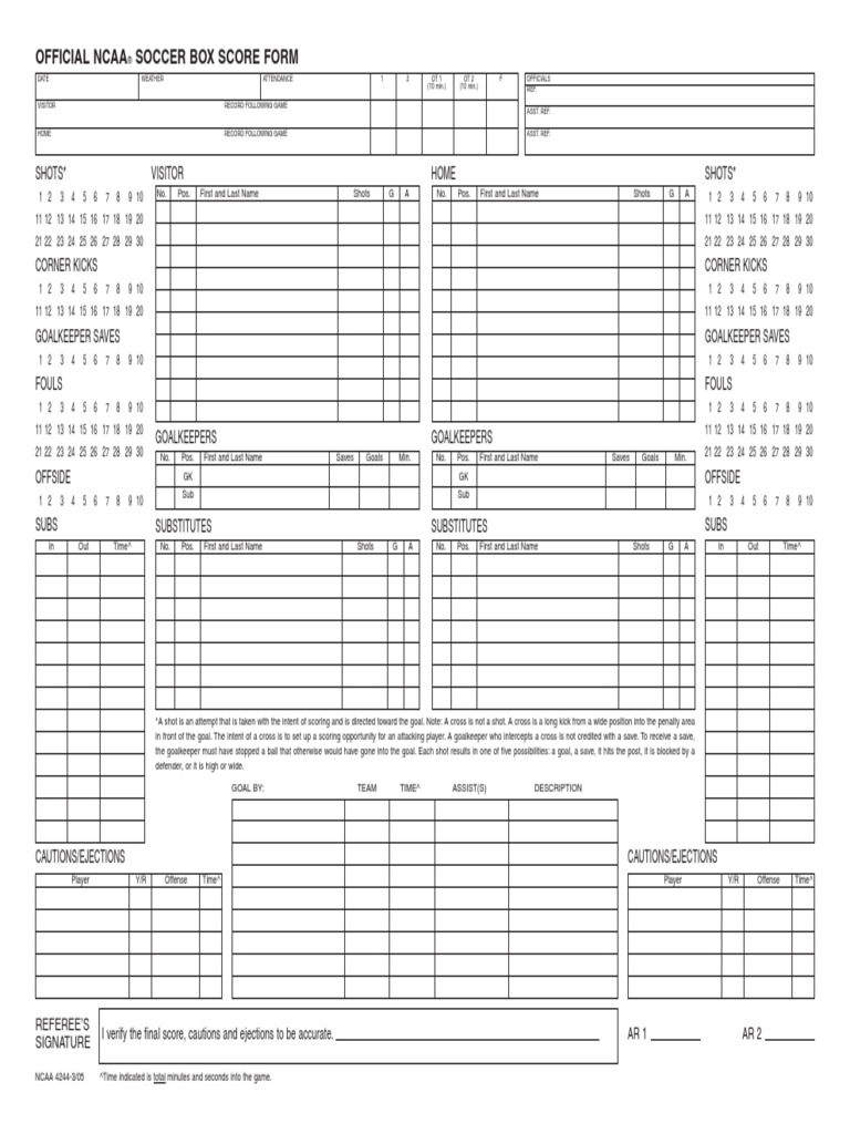 Official Ncaa Soccer Box Score Form: Shots Shots Visitor Home | PDF ...