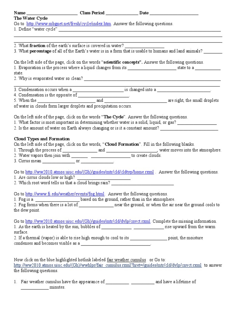 Water Cycle Cloud Formation Precipitation Webquest | PDF | Cloud ...
