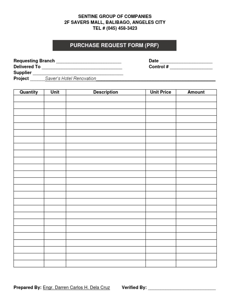 Purchase Request Form (PRF) : Saver's Hotel Renovation | PDF