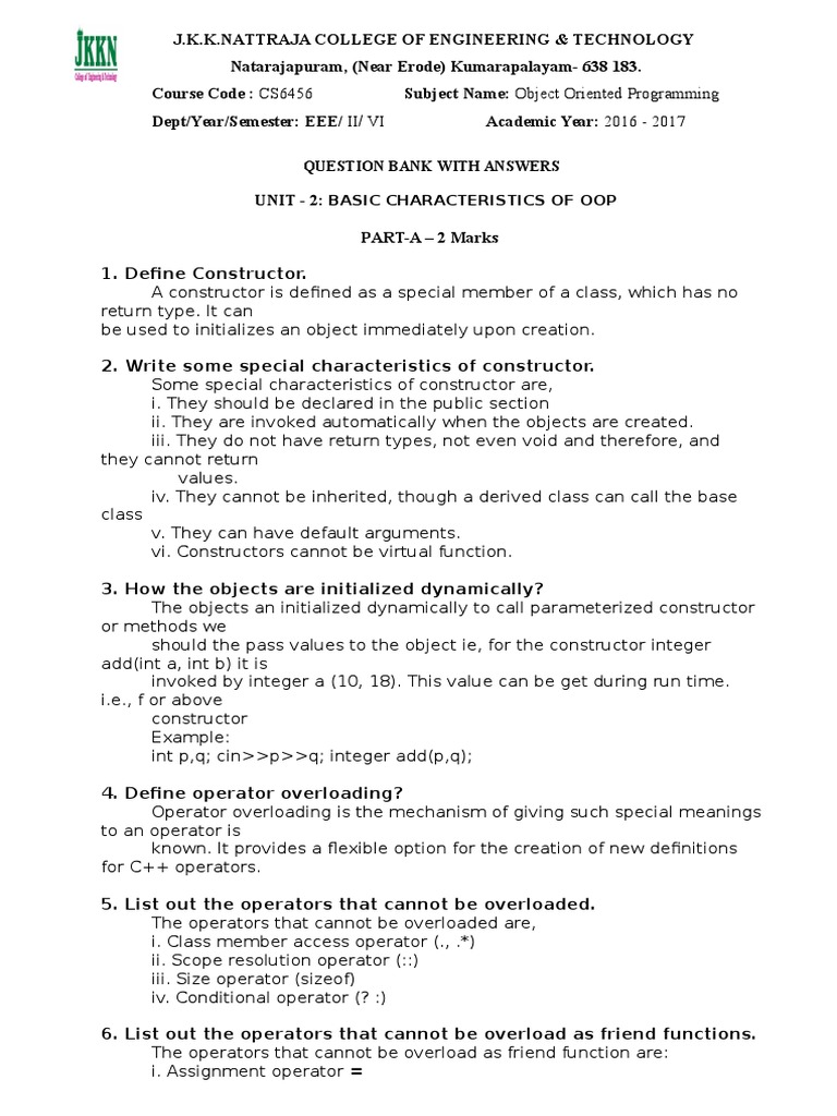 Cs6456-Oop Unit-II 2marks and 16marks | PDF | Constructor (Object ...