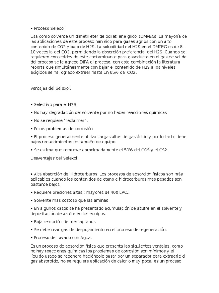 Proceso Selexol: Ventajas y Desventajas | PDF | Absorción (Química ...