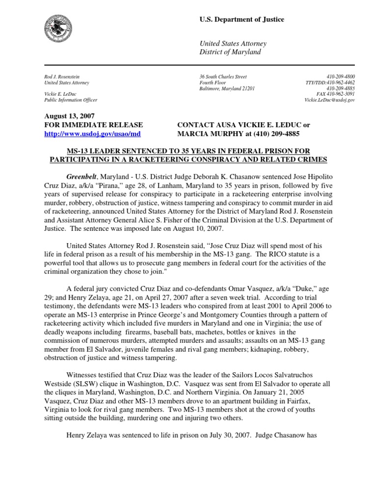00410-081307balt Ms13leader-Sentenced | PDF | Ms 13 | Law Enforcement