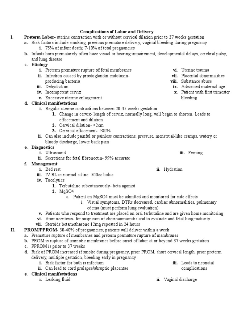 Labor and Delivery Complications Guide | PDF | Preterm Birth | Childbirth